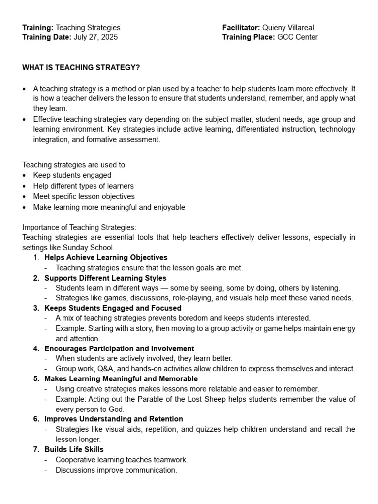 Training Teaching Strategies | PDF | Learning | Teachers