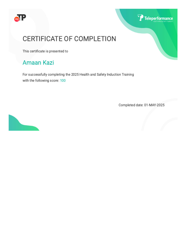 Health and Safety Induction Certificate | PDF