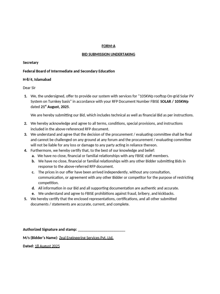Part E Form A Bid Submission Undertaking | PDF