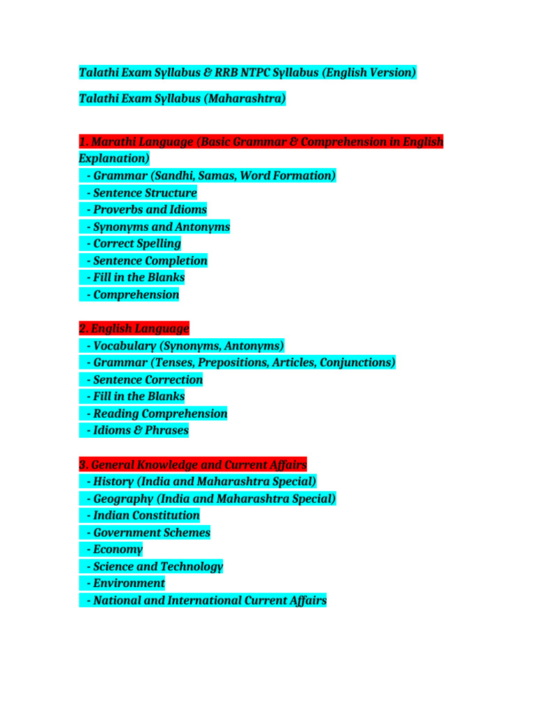 Talathi Exam Syllabus Overview 2025 | PDF | Area | English Language