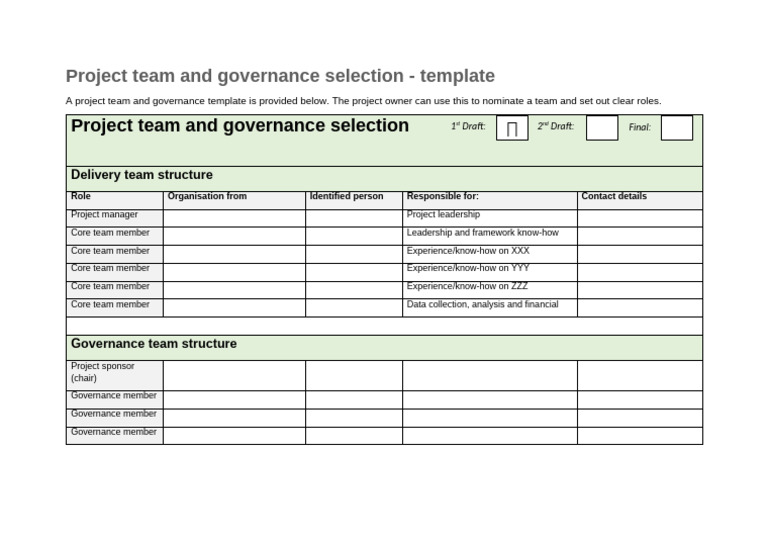 Playbook Project Team and Governance Selection Template | PDF