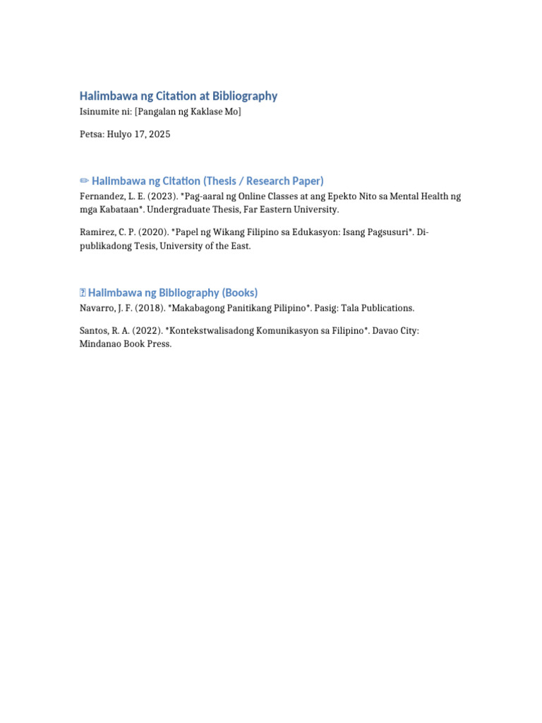 Halimbawa NG Citation at Bibliography Classmate | PDF