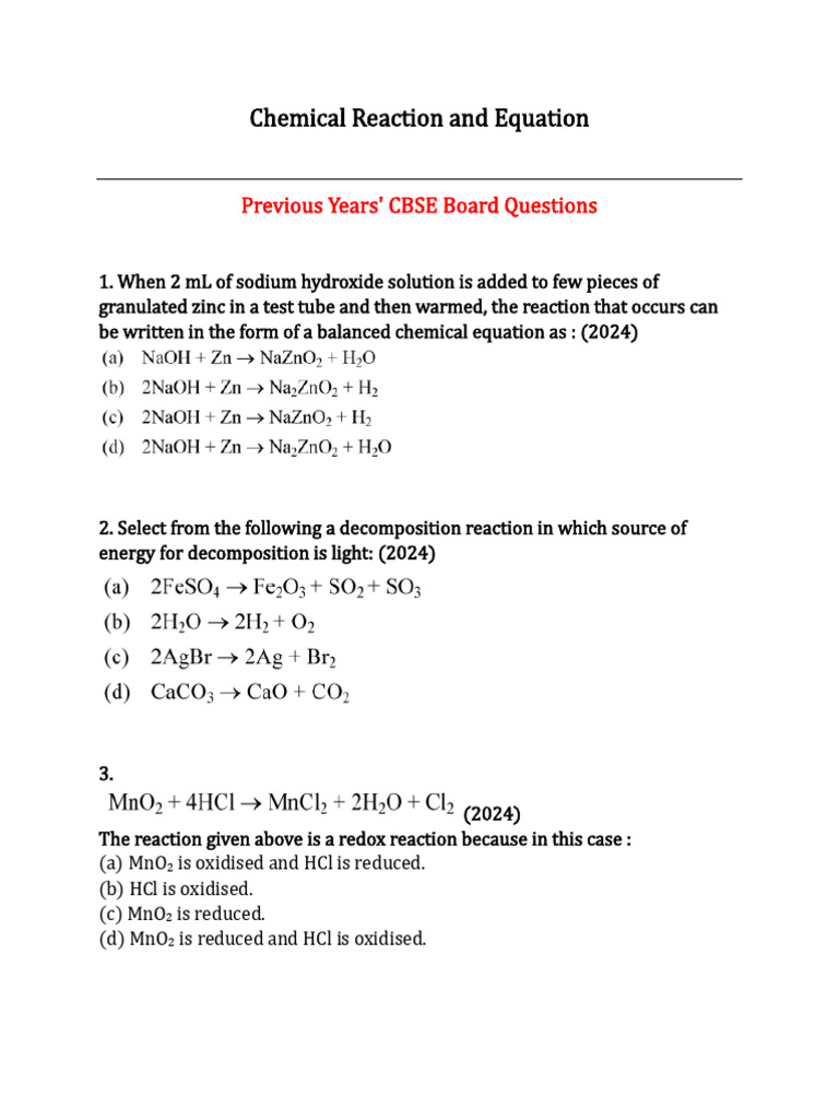 Test on Chemical Equation class 10 | PDF | Redox | Chemical Reactions