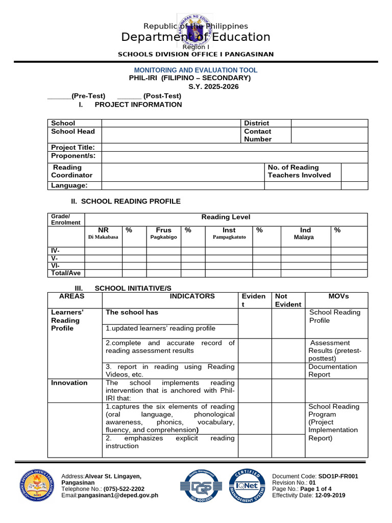 Phil-IRI-Reading Monitoring and Evaluation Tool-1 | PDF | Phonics ...