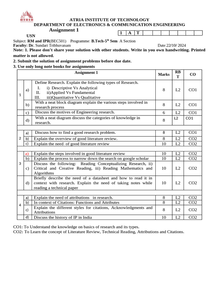 2024-25 - 5A - RM&IPR - Assignment1BEC501 Time Assignment1DC Assignme | PDF | Science | Cognition
