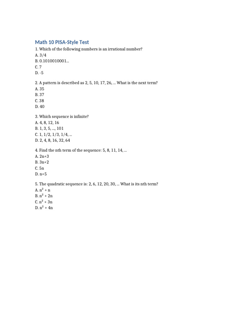 PISA-Style Math Test for Grade 10 | PDF
