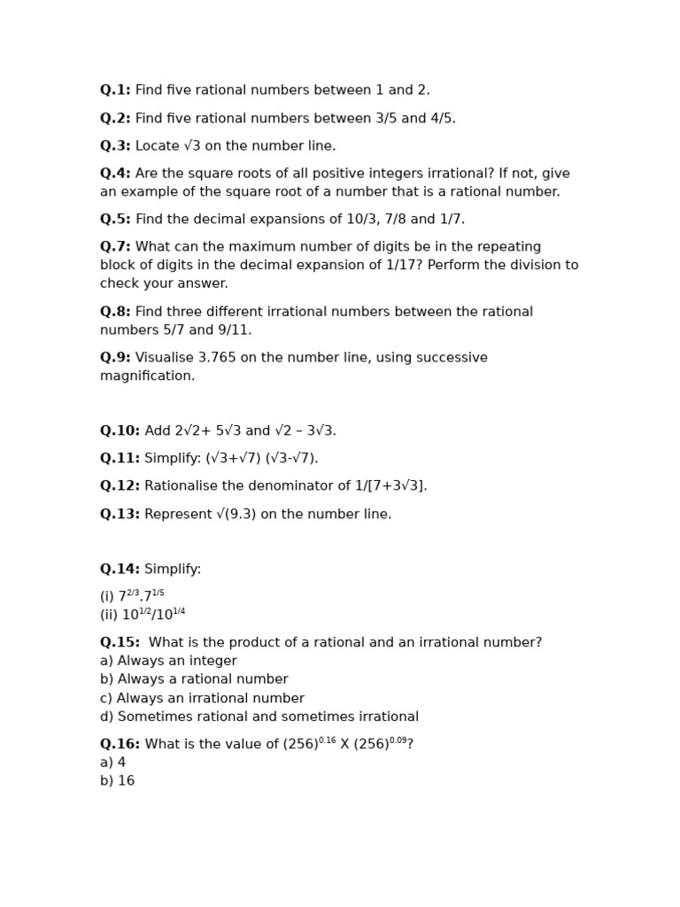 Rational and Irrational Number Exercises | PDF