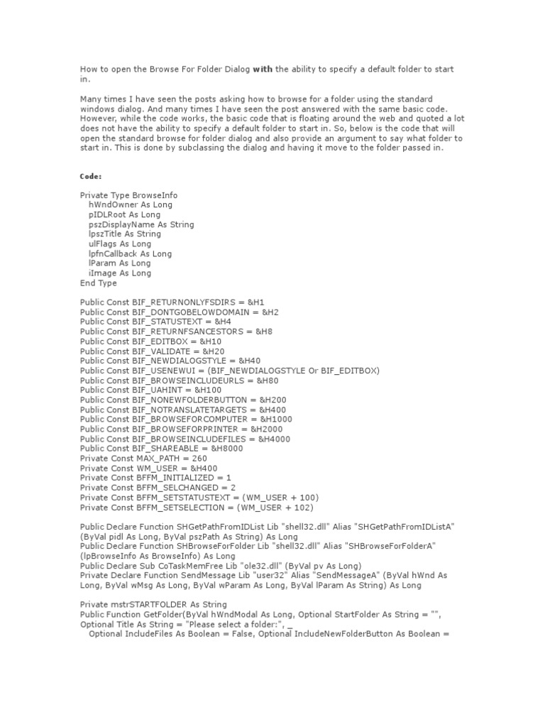 Browse Folder Dialog with Default Path | PDF | C (Programming Language ...