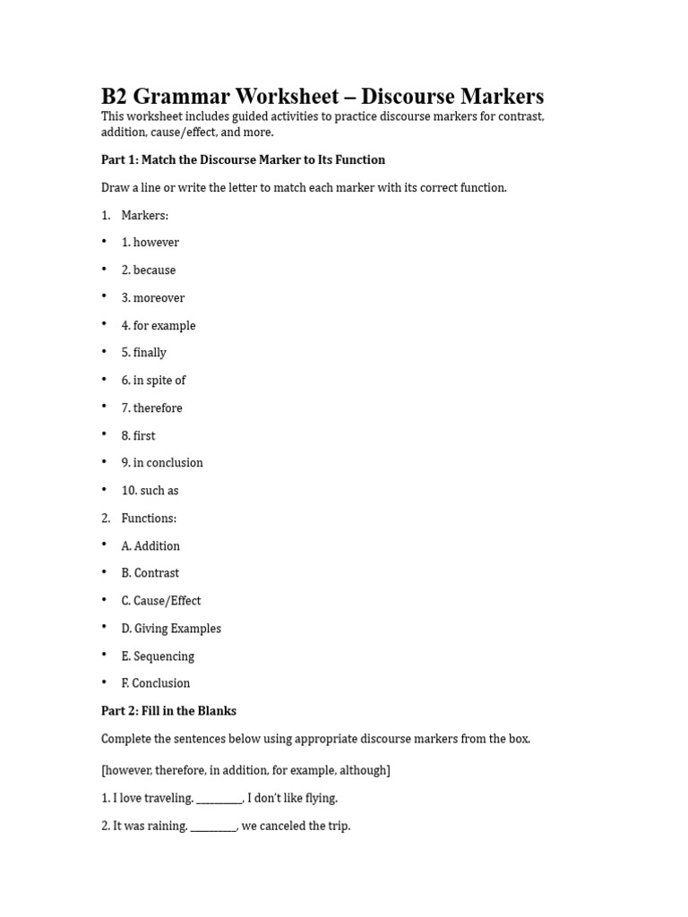Discourse Markers Practice Worksheet | PDF