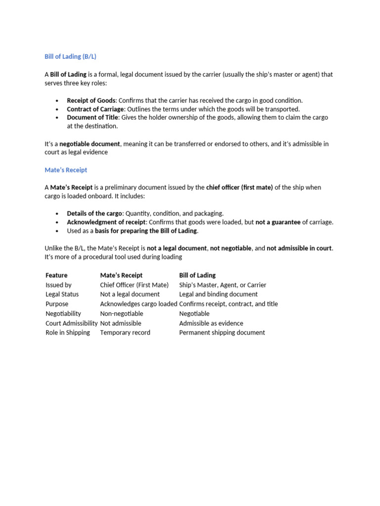 Mate's Receipt vs Bill of Lading Explained | PDF