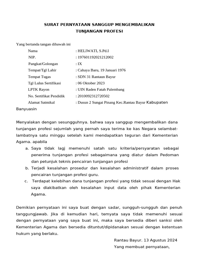Surat Pernyataan Sanggup Mengembalikan | PDF