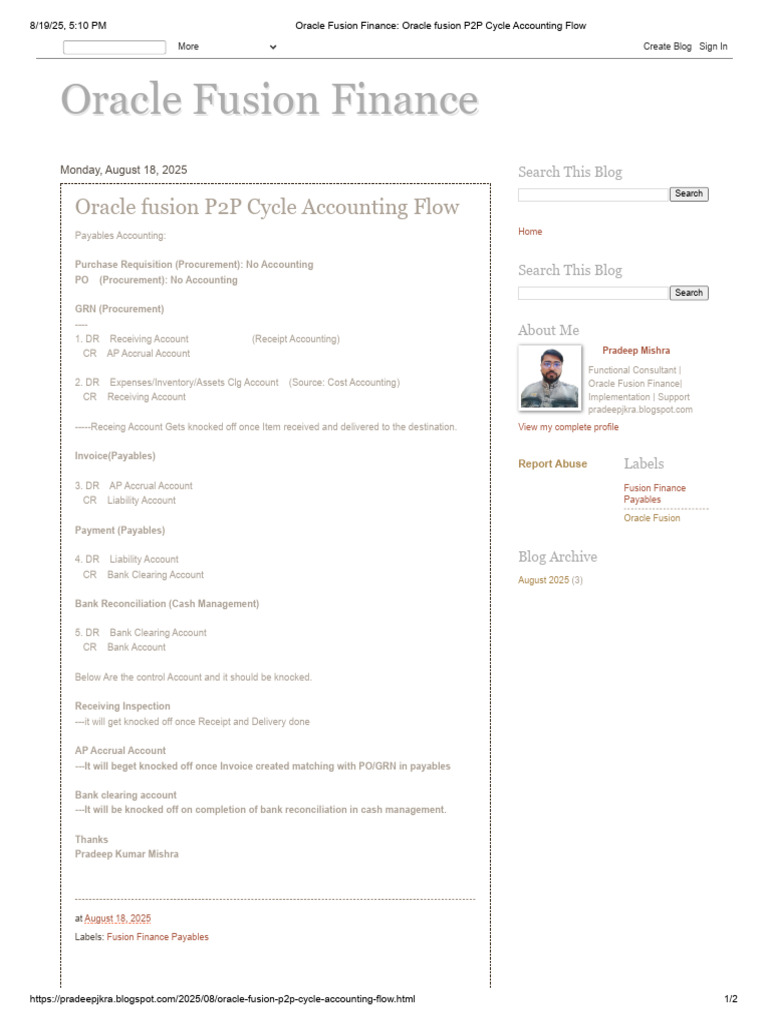 Oracle Fusion P2P Accounting Flow Guide | PDF | Accounts Payable | Money