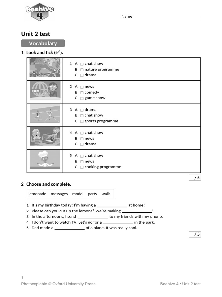 Beehive 4 Unit 2 Test | PDF