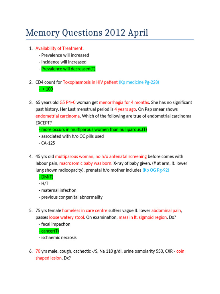 Medical Memory Questions April 2012 | PDF | Heart | Angiology