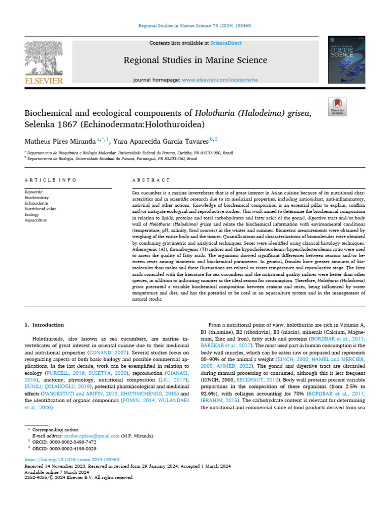 Biochemical and Ecological Components of Holothuria (Halodeima) Grisea ...