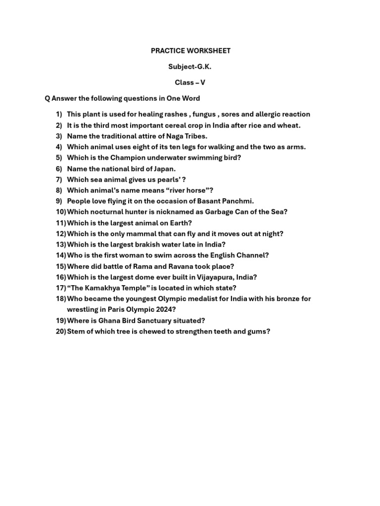 GK Worksheet 1 (5th Class) | PDF