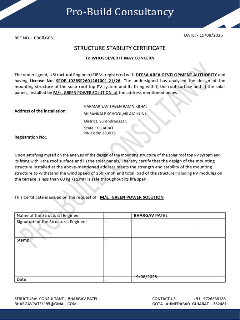 Structural Stability Certificate for PV System | PDF