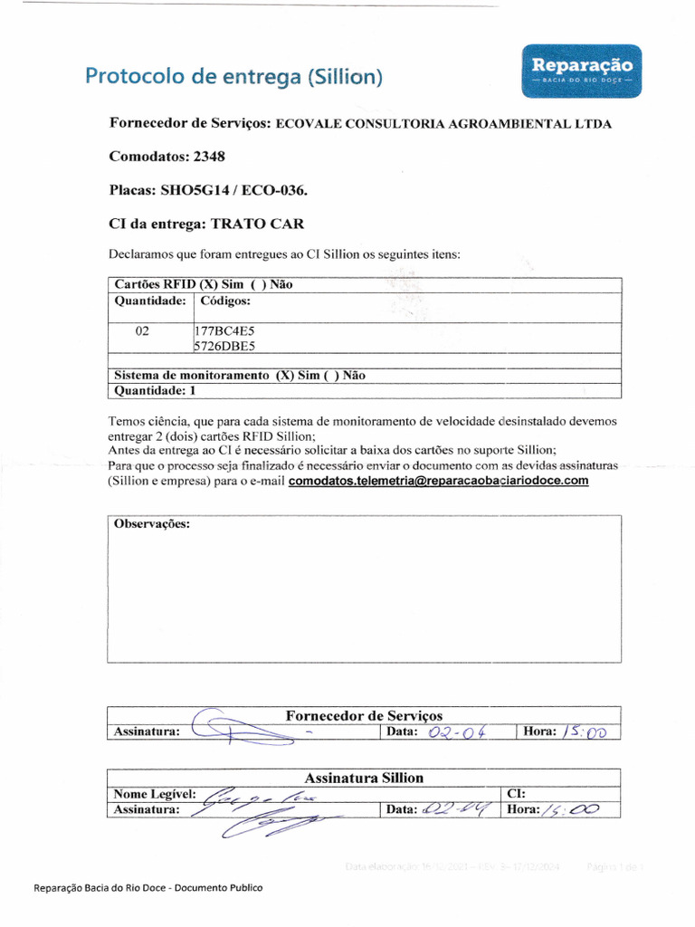 Protocolo de Entrega de Cartões RFID Sillion | PDF