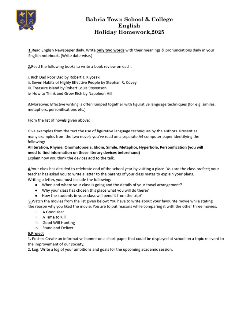 English Summer Vacation HOMEWORK | PDF