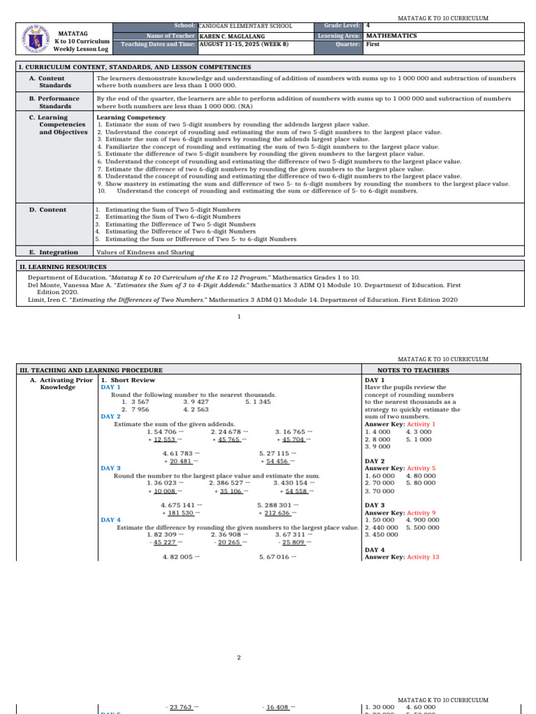 DLL MATATAG _MATH 4 Q1 W8 | PDF | Subtraction | Learning