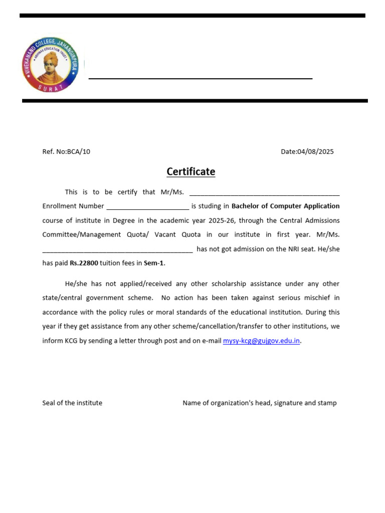 Mysy Certificate For Fybca Ai | PDF