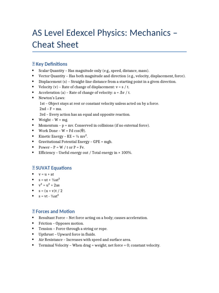 As Level Mechanics Cheat Sheet | PDF