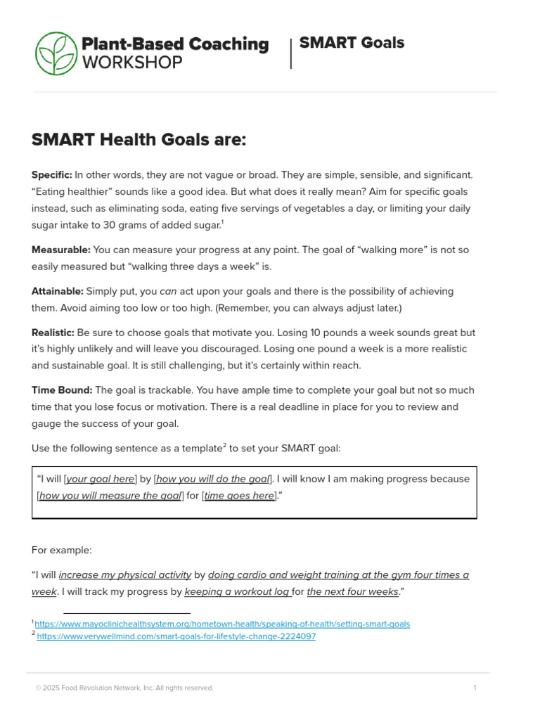 Plant-Based Coaching Workshop - SMART Goals - Worksheet | PDF