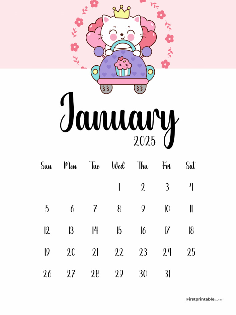 Cute Cat January 2025 Calendar Firstprintable Com | PDF