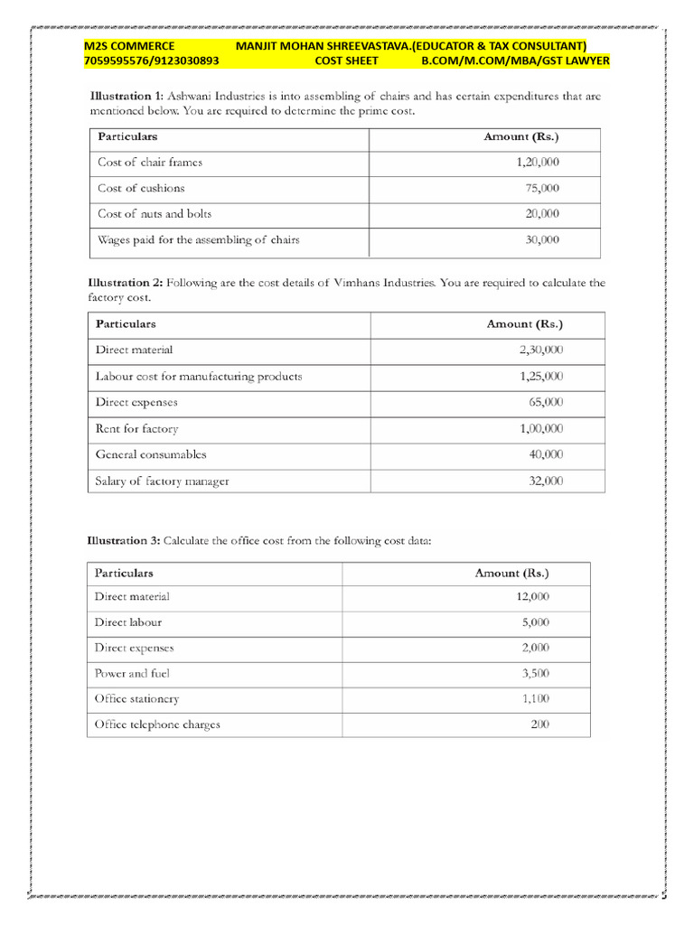 Cost Sheet l1 | PDF