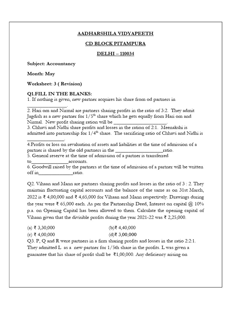 PDF Class Xii Accountancy Worksheet 3 | PDF | Balance Sheet | Goodwill ...