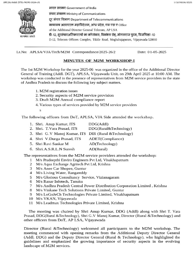 MoM - APLSA - Addl - DTG - M2M - 2025-26 - Eoffice | PDF