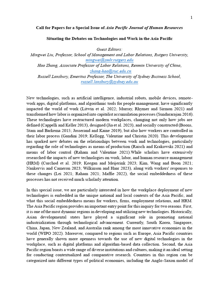CFP Mingwei Liu Et Al Technologies and Work April 2023 | PDF ...