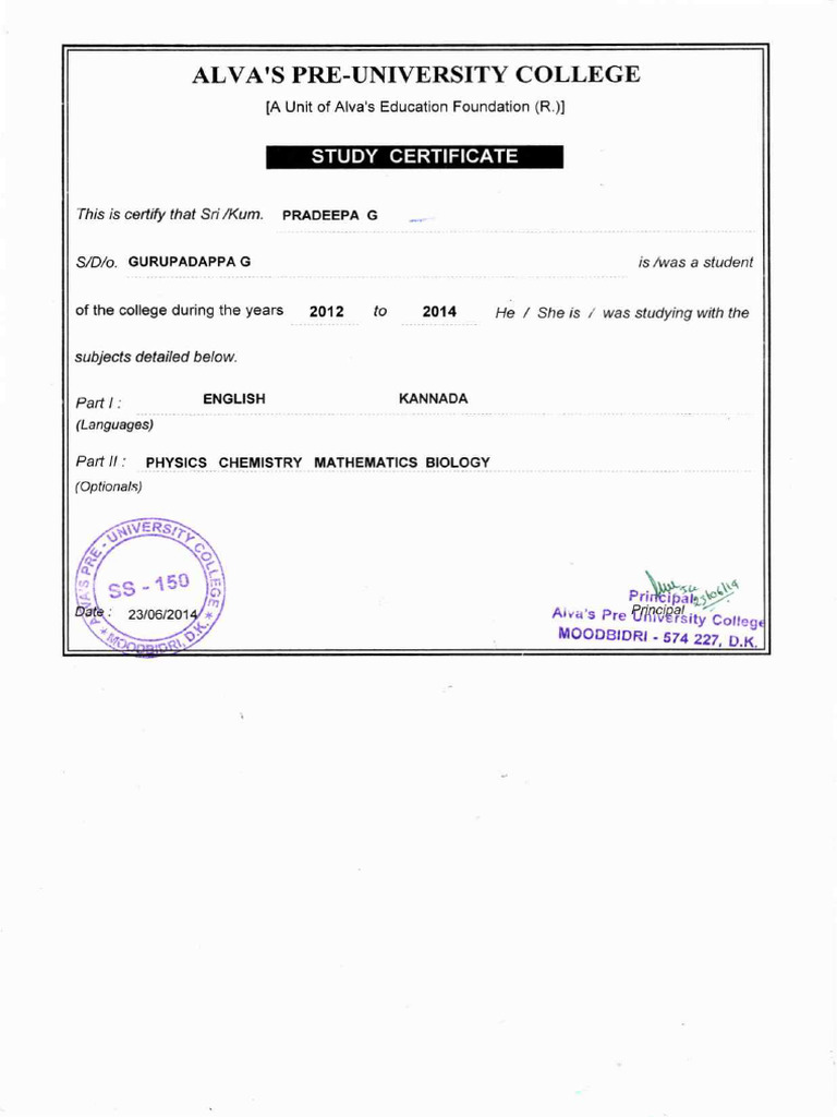 Alvas PU Study Certificate | PDF