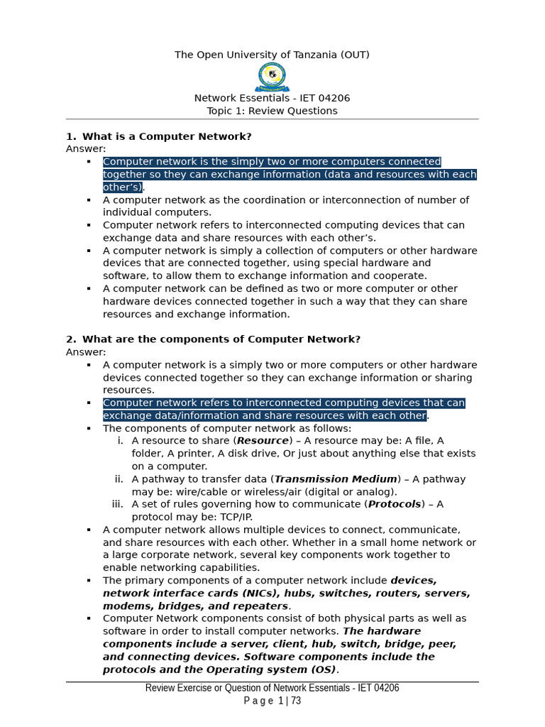 Exercise Review - Network Essentials - IET 04206 | PDF | Computer Network | Transmission Medium