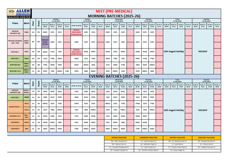 Updated Medical Batch Time Table 11 August To 16 August 2025-26 ...