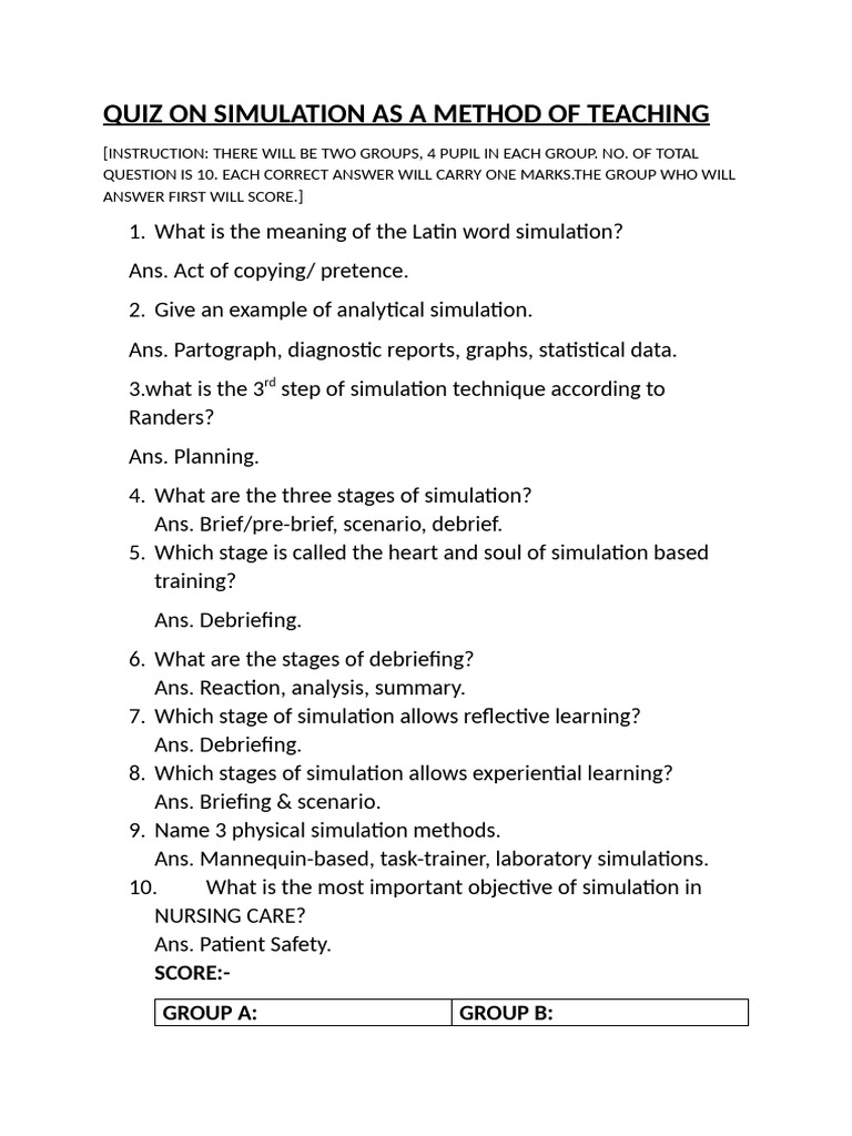 Quiz On Simulation As A Method of Teaching | PDF