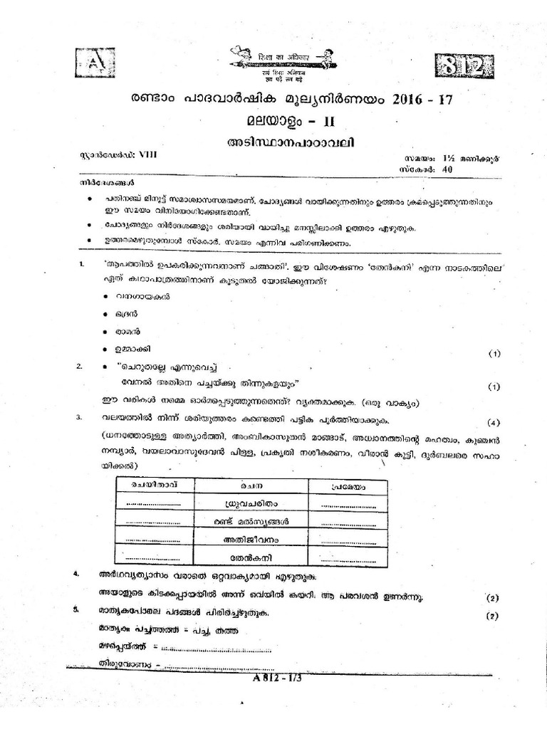Kerala Class 8 Second Term Model Question Paper Malayalam II | PDF