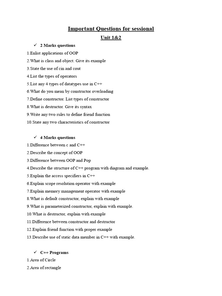 Oop Imp Question Unit 1 & 2 | PDF
