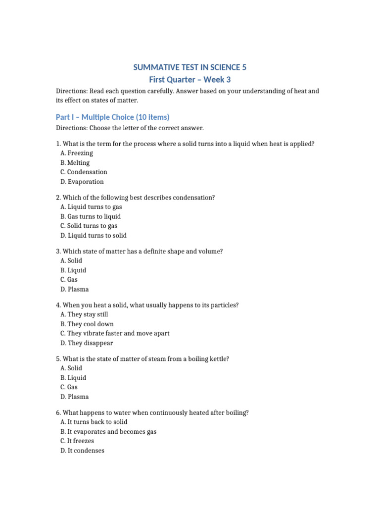 Science 5 Heat and Matter Test | PDF | Liquids | Gases