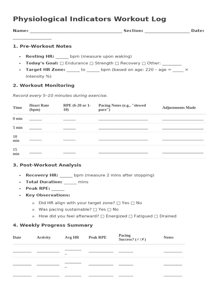 Physiological Indicators Workout Log | PDF | Heart Rate | Physical Exercise