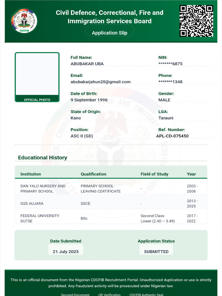 Abubakar Abdullahi Uba Application Slip | PDF