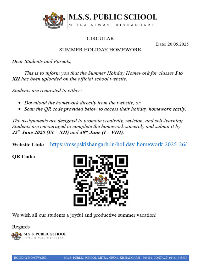 Holiday Homework Circular | PDF