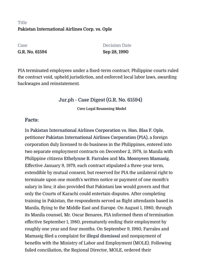 Case Digest - G.R. No. 61594 - Pakistan International Airlines Corp. vs. Ople | PDF | Choice Of ...