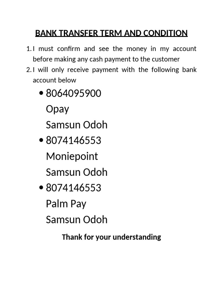 Bank Transfer Term and Condition | PDF