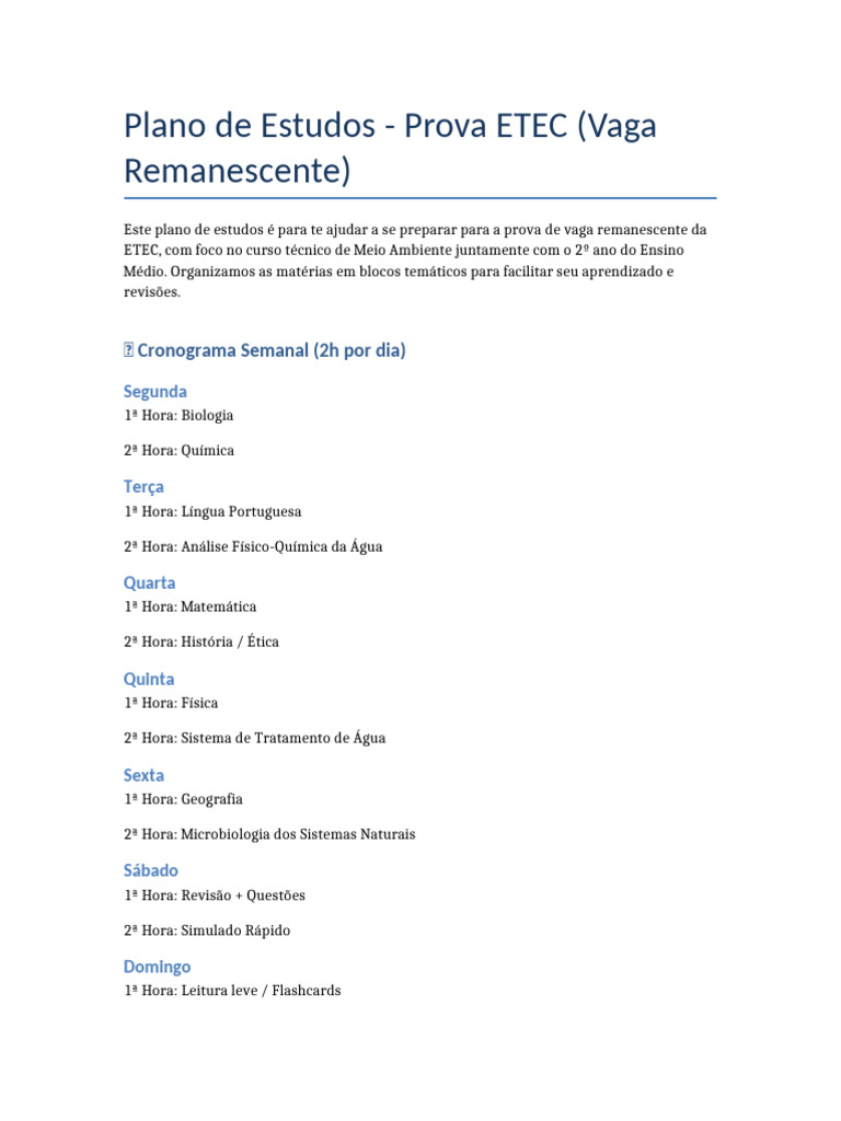 Plano_Estudos_ETEC_2ano_MeioAmbiente | PDF
