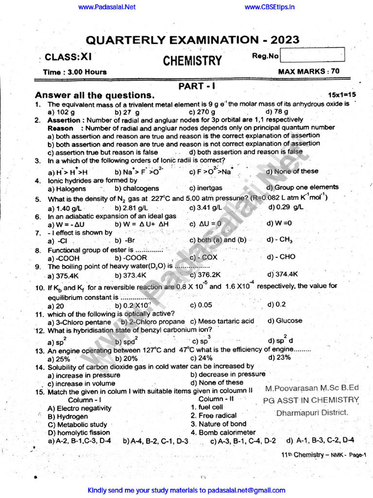 11th Chemistry EM - Quarterly Exam All Question Papers Answer Keys | PDF