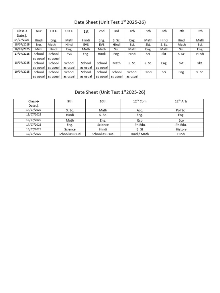 Date Sheet U T 1st 25-26 | PDF