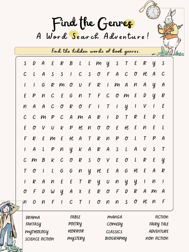 Literature Genres Word Search in Cream Friendly Hand Drawn Style | PDF ...