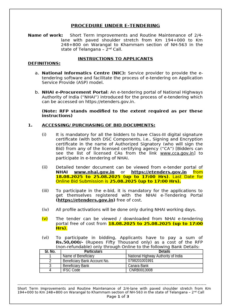 Section-2 NH-563 - Procedure Under E-Tendering - 2ndcall | PDF