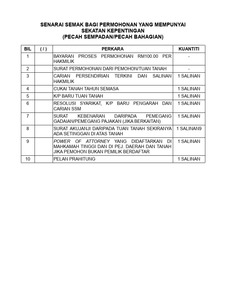 Senarai Semak Bagi Permohonan Yang Mempunyai Sekatan Kepentingan (Pecah ...